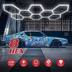 ALL4DETAIL Hexagon LED Garage Light, 8 Grid System 6500K Car Detailing Shop Light for Workshop Garage Basement Gym