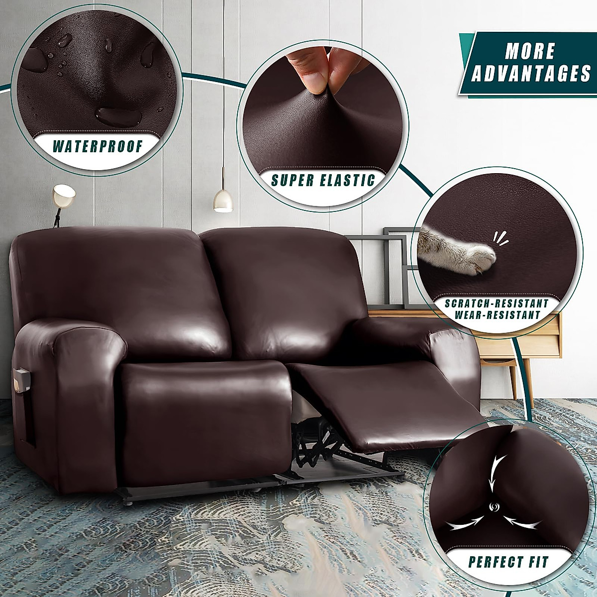 JOKIVTOU 1/2/3 Seats PU Leather Stretch Recliner Cover Sofa Cover with Side Pockets Waterproof Slipcover Recliner Couch Cover Furniture Protector with Elastic Bottom Living Room