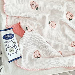47x59 Extra Large 6 Layer 100% Organic Cotton Super Soft Warm Muslin Baby Swaddle Bed Blanket for Girls Infant Newborn Natural White Color Light Pink Strawberry Fruit Lovely Print Bedding Thick Winter