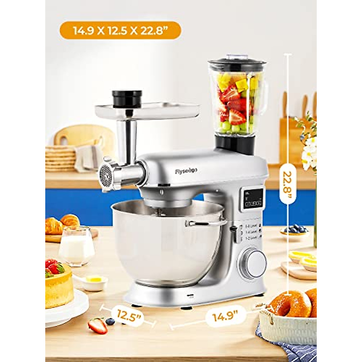 Flyseago Stand Mixer 8-IN-1 8.5 Qt Multifunctional Electric Kitchen Mixer 6 Speed Tilt-Head with Stainless Steel Bowl, 1.5L Glass Jar, Meat Grinder, Dough Hook, Whisk, Pasta Attachment