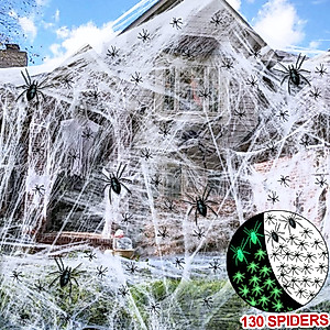 1500 sqft Halloween Spider Web Decorations Super Stretch Cobweb with 130 Plastic Fake Spiders Glow in The Dark Halloween Decorations Indoor Outdoor Party Supplies Haunted House Decor (450g)