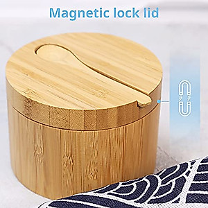 Bamboo Salt Cellar with Mini Spoon by HTB, Kitchen Salt Box with Swivel Magnetic Closure Lid, Round Salt Container to Storage Pepper Spice Bath Salt Sea Salt