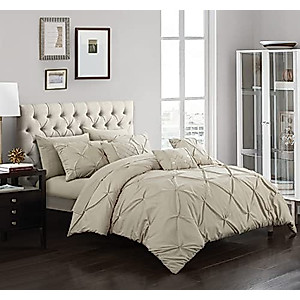 Chic Home Hannah 10 Piece Comforter Complete Bag Pinch Pleated Ruffled Pintuck Bedding with Sheet Set and Decorative Pillows Shams Included, Queen, Taupe
