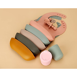 AULEGE Silicone Baby Bibs Set of 2, Spoon Fork, BPA Free Soft Durable Adjustable Waterproof Silicone Feeding Bibs for Babies and Toddlers 6+month (Muted/Peach)