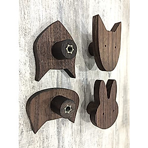 Tsnamay 4 Pack Animal Wood Wall Hooks, Black Walnut Unfinished Solid Wood Coat Hooks Wall Mounted for Hanging Bathroom Towels Clothes Hanger，Pattern Rabbit Cat Dog Fox