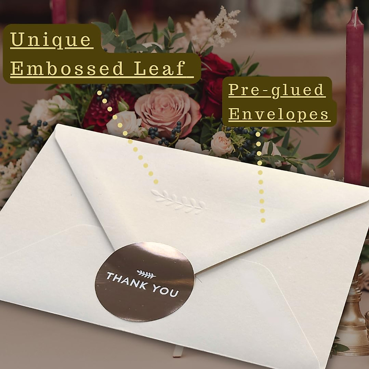 RUN2PRINT (36 Pack) Thank You Cards With Envelopes & Gift of 36 Foiled Stickers - Elegant Emboss Rose Gold Foil Pressed Blank Notes Wedding All Occasion Cards (Ivory)