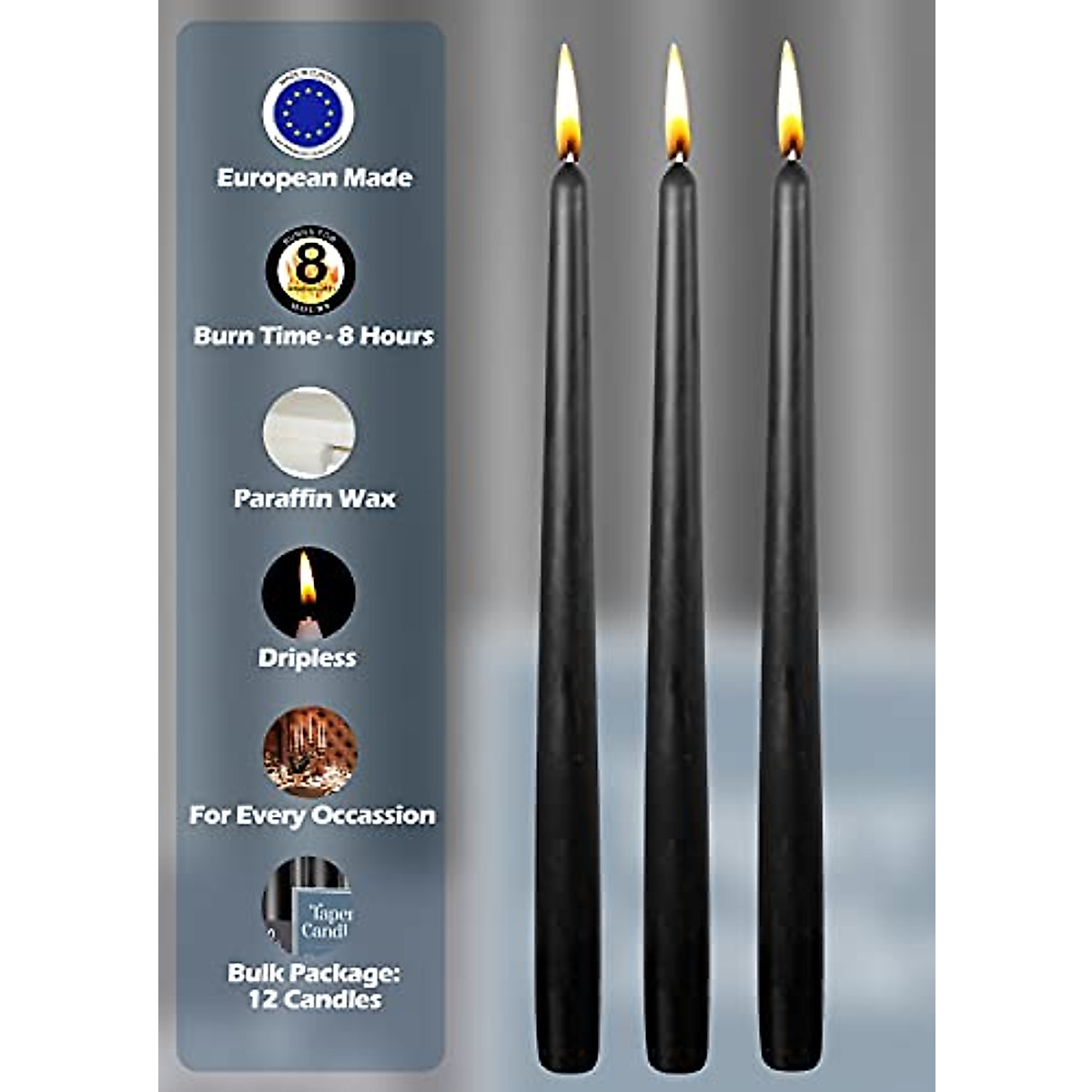 12 Pack Tall Taper Candles - 10 Inch Black Dripless, Unscented Dinner Candle - Paraffin Wax with Cotton Wicks - 8 Hour Burn Time