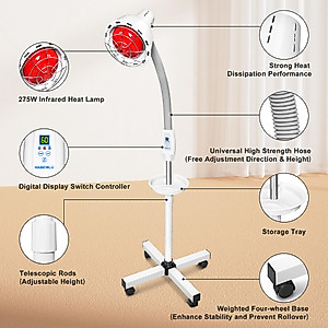 HABEWLU Infrared Light Red Heat Lamp 275W Near Red Infrared Heat Lamp for Relieve Joint Pain and Muscle Aches Body, Standing Heat Lamp with 10 Heat Setting 5-60 min Timer