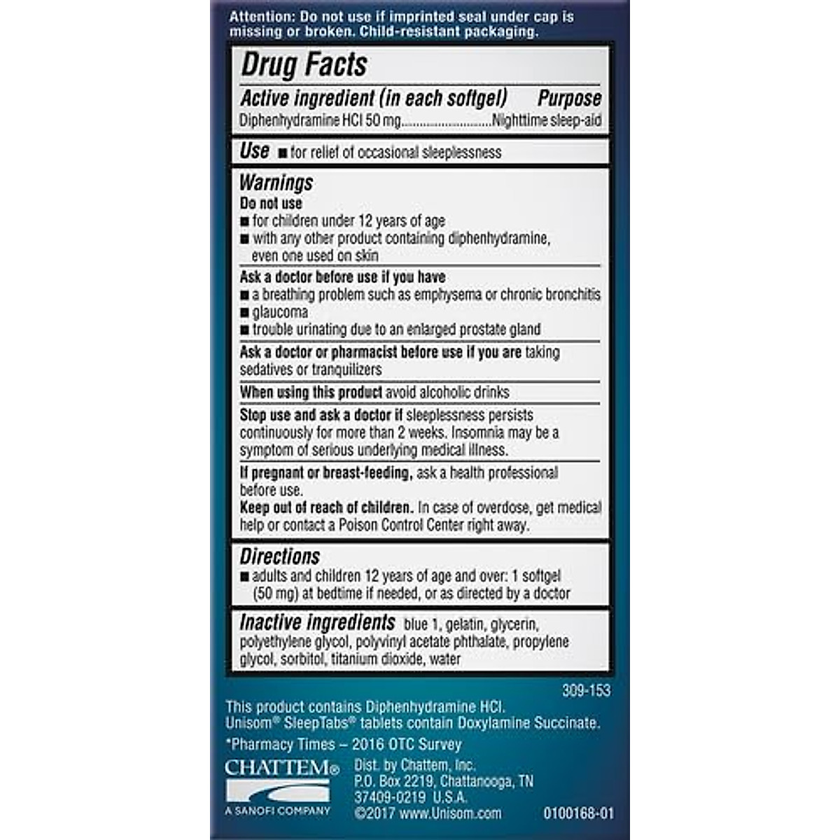 Unisom Nighttime Sleep-Aid Gels, Diphenhydramine HCI 50mg, 100 Count
