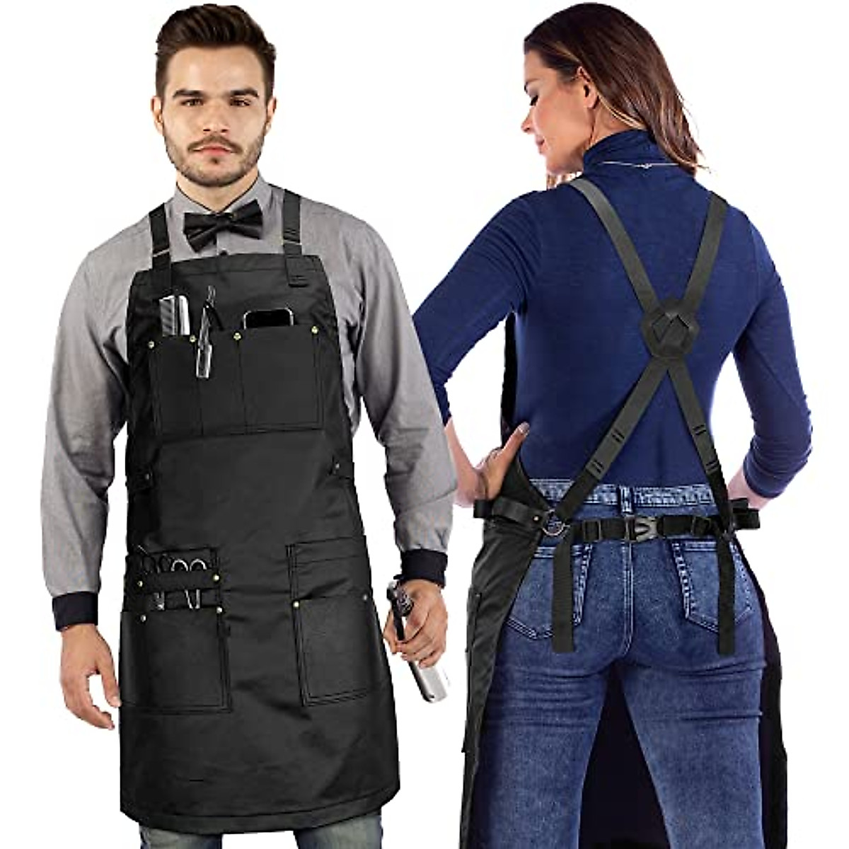 Under NY Sky Barber Black Apron - Leather Straps, Pockets, Reinforcements - Crossback - Coated Black Twill, Tool Pockets, Split-Leg – Adjustable for Men, Women – Barista, Bartender, Hairstylist, Salon