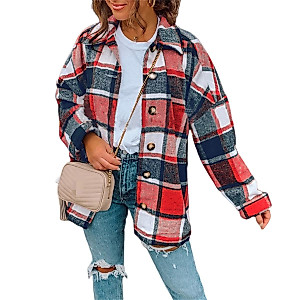 Womens Flannel Shirts Roll Up Long Sleeve Plaid Shirt Collared Button Down Gingham Casual Top