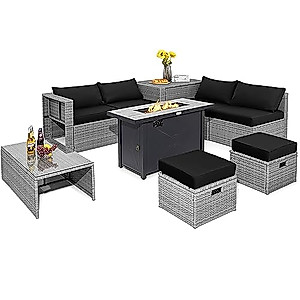 Tangkula 9 PCS Patio Furniture Set with 42” 60,000 BTU Fire Pit, Outdoor Space-Saving Sectional Sofa Set with Storage Box, CSA & ETL Approved Propane Fire Pit Table, Waterproof Covers Included (Black)