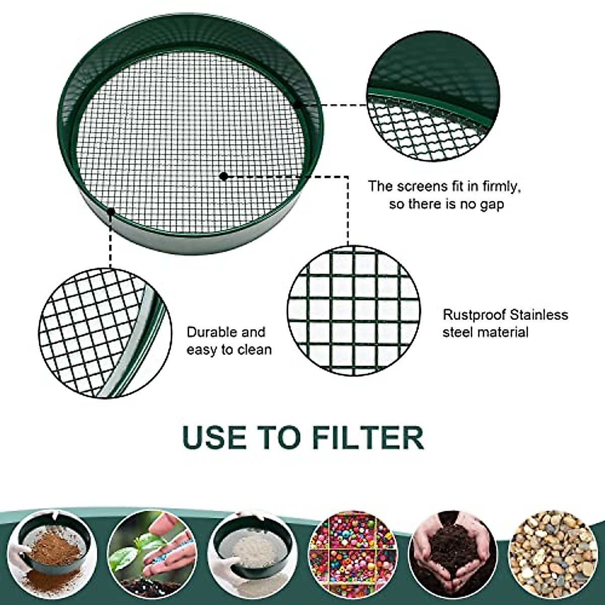 Soil Sieve Garden Riddle Sieve 12" Diameter, Fine Mesh Soil Sieve, Potting Sieve with 4 Interchangeable Filter Mesh Sizes 3,6,9,12mm and Shovel