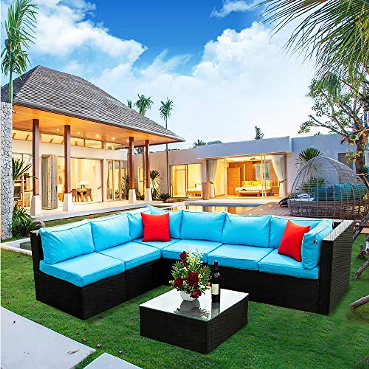 ERYE Weather Conversation, Outdoor Garden PE Rattan Manual Weaving Wicker Sectional Sofa 2 Pillow, 5 Pieces Modular Patio Furniture Set, Black+Light Blue