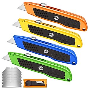 DIYSELF 4 Pack Box Cutters Utility Knives, Retractable Box Cutter Box Knife with 10 Utility Blades, Box Package Opener, Razor Knife Utility Heavy Duty for Cardboard, Carpet, Paper, Box Cutter Knife