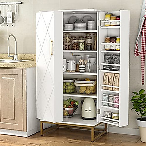 kepptory 51” Pantry Cabinets, White Freestanding Kitchen Pantry Storage Cabinet with Adjustable Shelves, Buffet Cupboards Storage Cabinet for Home Office Use, White + Gold