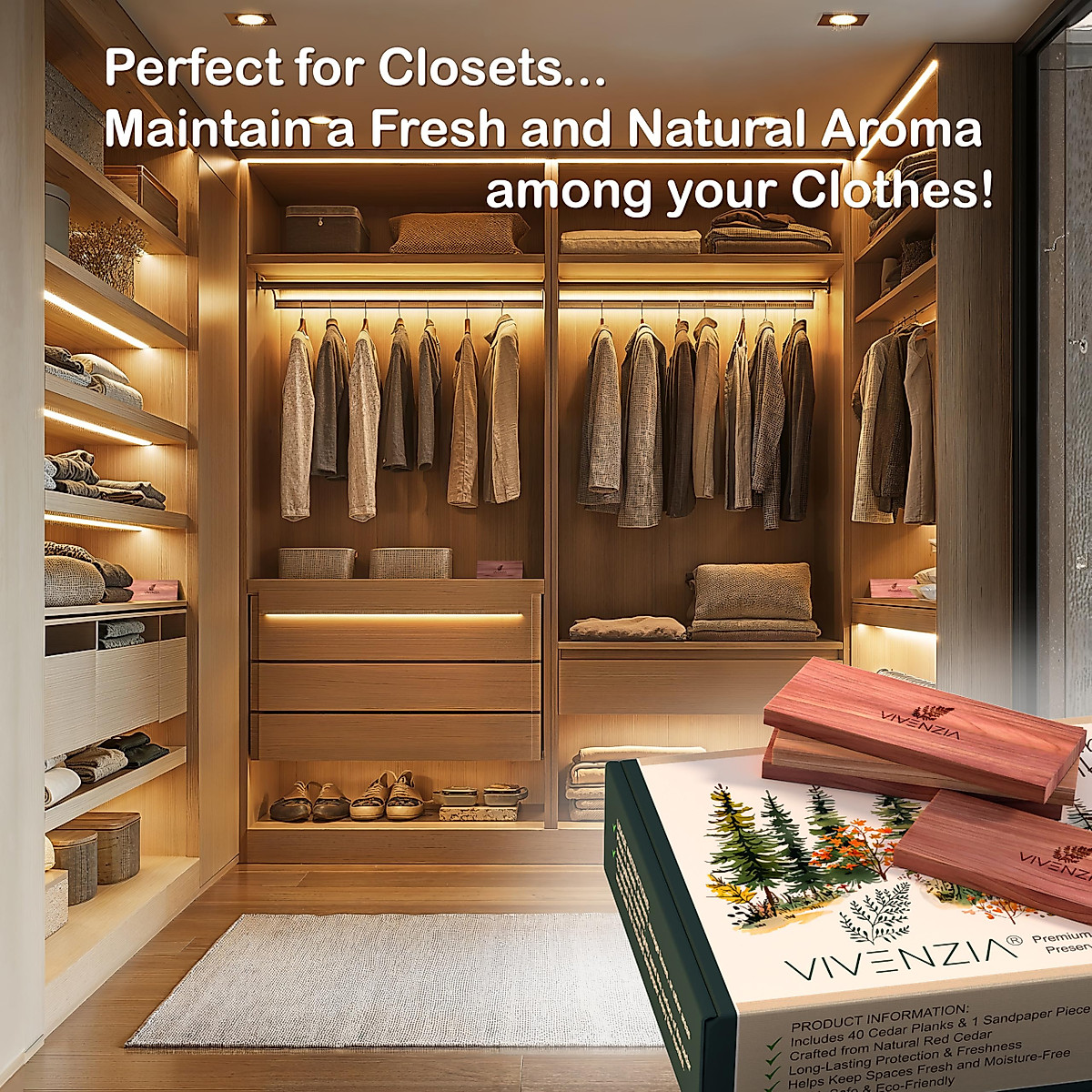 Vivenzia Cedar Blocks for Clothes Storage -40 Planks- Aromatic Cedar Blocks for Closet, Cedar Planks for Closets