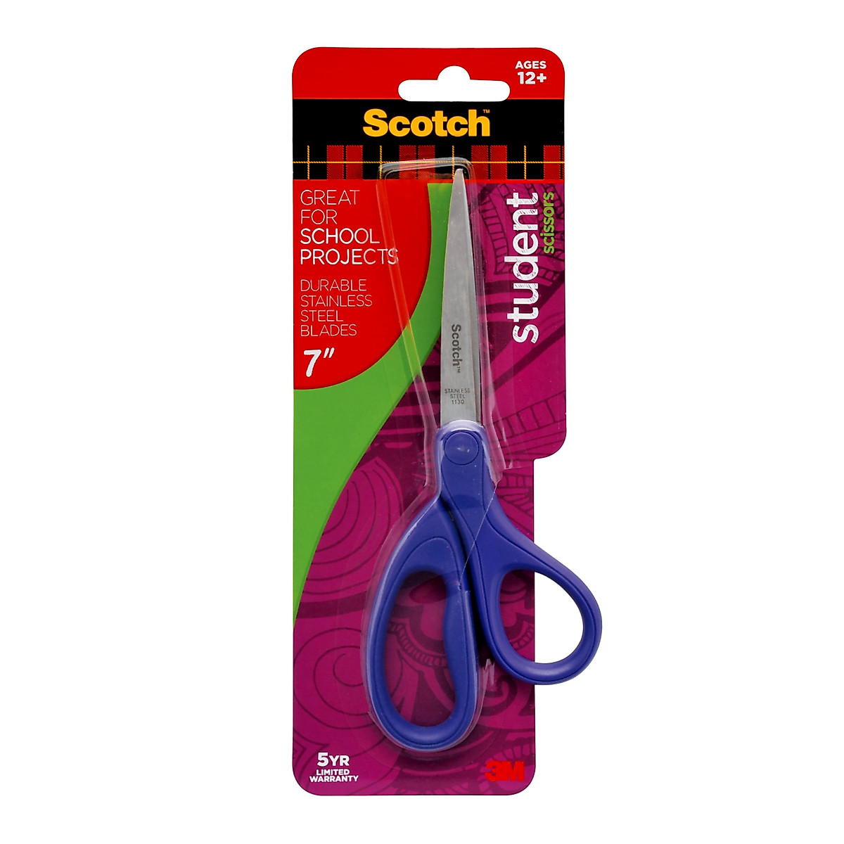 Scotch 7-Inch Student Scissors, Blue, Green, and Purple, Colors Vary, 6-Pack