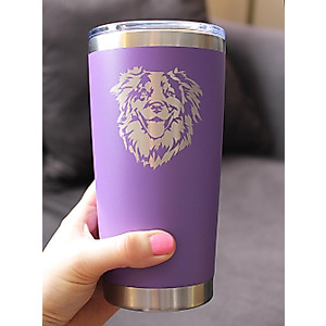 Australian Shepherd Face - Insulated Coffee Tumbler Cup with Sliding Lid - Stainless Steel Insulated Mug - Unique Dog Themed Decor and Gifts for Moms & Dads of Aussies - Purple