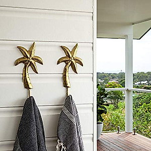 Coastiva Brass Palm Tree Decorative Wall Hook, Coastal Home Decor for Towel Holder in Bathroom, Wall Mounted Nautical Style Hooks for Hanging Coat, Robe, Bag, Towels, Hat, Purse and Key