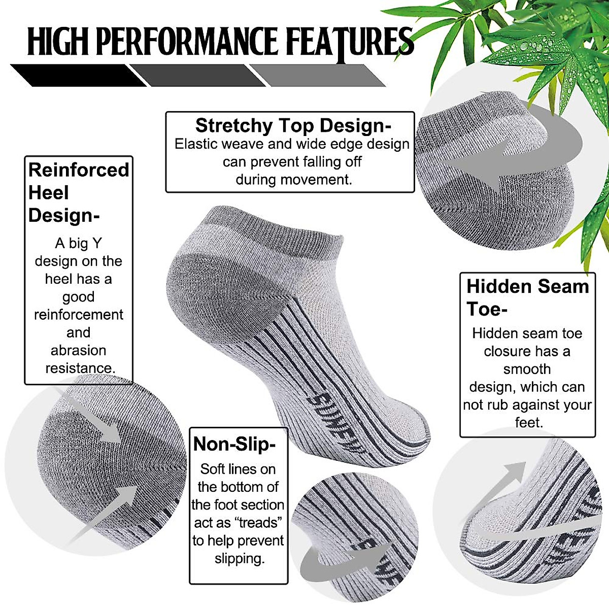 Sunew Golf Bamboo Socks Women,Ankle Wicking No Blister Cushioned Hiking Trekking Ankle Breathable Comfort Tennis Low Cut Socks with Arch Support 6 Pack Gray M