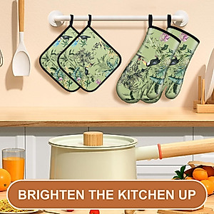 Swooflia Oven Mitts Pot Holders Set 4 PCS for Kitchen, Heat Resistant Hot Pads Mittens Gloves for Cooking Grilling Baking BBQ Grove Bird Pot Holders Cook Essentials Accessories Home Microwave Safe
