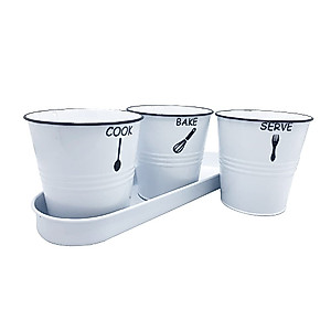 Hydrone Design Metal Utensil Holder Set with Tray, Kitchen Utensil Storage Caddy Flatware Organizer,White Farmhouse Countertop Decor