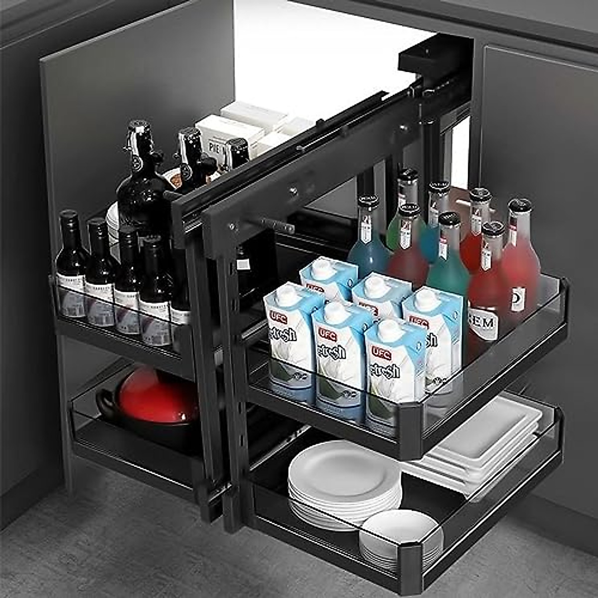 AHDFY 2 Tier Dish Rack, Full Open Kitchen Aid Dish Rack, Blind Corner Cabinet Pull Out Seasoning Dish Basket for Cabinet Pantry Kitchen Cupboard