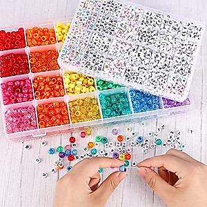 UOONY 4000pcs Pony Beads Kit, 2400pcs Rainbow Kandi Beads and 1600pcs Letter Beads, 24 Colors Plastic Craft Beads Bulk for Bracelets Jewelry Making with 20m Crystal String and 30m Elastic String