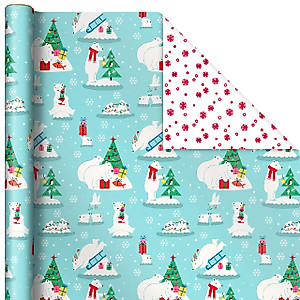 Hallmark Trendy Reversible Christmas Wrapping Paper for Kids (3 Rolls: 120 sq. ft. ttl) Dinosaurs, Koalas, Polar Bears, Penguins, Camels, Zebras, Stripes