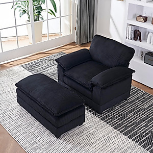 RUNNA 56.3 Inch Corduroy Single Sofa with 2 toss Pillows and a Ottoman,Comfy Sofa- Deep Seat Couch for Living Room (Black~049)