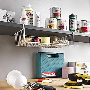 Tebery 2 Pack White Under Shelf Wire Basket Hanging Storage Baskets, Under Cabinet Add-on Storage Racks Slide-in Baskets Organizer for Kitchen Pantry Desk Bookshelf