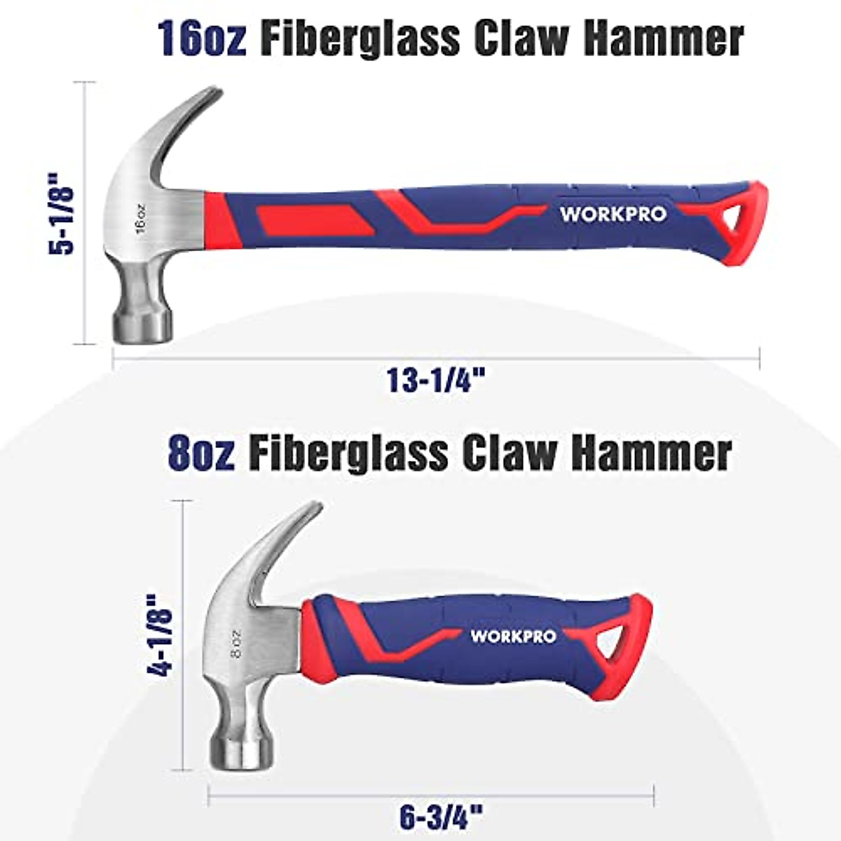 WORKPRO 2 Piece Claw Hammer Set, 8 oz Mini Stubby Claw Hammer&16 oz Fiberglass General Purpose Claw Hammer, Soft Nonslip Handle & Heat Treated Head