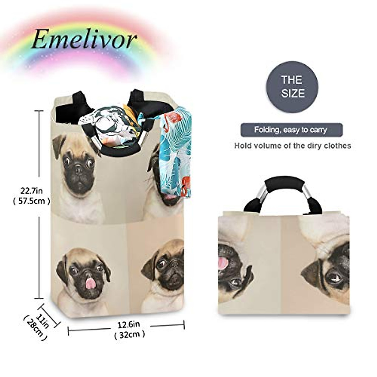 Emelivor Laundry Baskets with Handles - Cute Pug Puppy Large Laundry Hamper Collapsible Waterproof Laundry Bins for Home Farmhouse