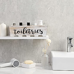 MyGift White Washed Solid Wood Toilet Tank Tray Bathroom Vanity Tray for Toiletries and Guest Towel Storage Organizer with Toiletries Cursive Writing Design