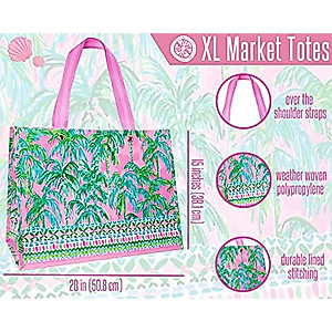 Lilly Pulitzer Pink/Green XL Market Shopper Bag, Oversize Reusable Grocery Tote with Comfortable Shoulder Straps, Suite Views
