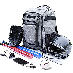 ZOEA Baseball Bat Bag Backpack, T-Ball & Softball Equipment & Gear for Youth and Adults | Large Capacity Holds 4 Bats, Helmet, Glove, Shoes | Shoe Compartment & Fence Hook & Helmet Holder Gray