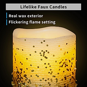 FURORA LIGHTING Gold Glitter Real Wax Candles with Remote and Timer, 4 Pillars and 4 Votives Pack of 8, LED Flameless Flickering Candles for Home Décor, Battery Included