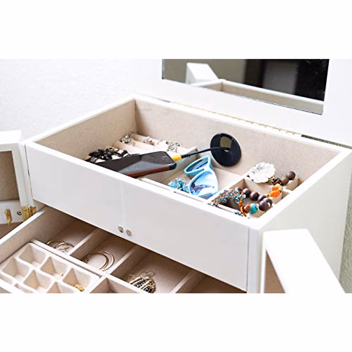 Hives and Honey Chelsea Jewelry Armoire - French Mirrored Doors Jewelry Storage Cabinet, White