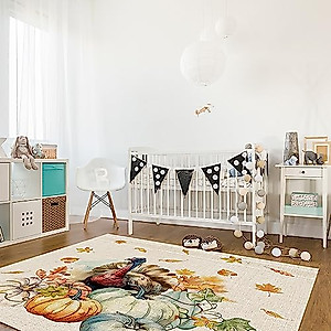 OComster Thanksgiving Rectangle Shape Large Area Rugs - 4 x 6 Feet Pumpkin Teal Orange Turkey Fall Maple Leaves Burlap - (Non-Woven + Rubber) Low File Floor Mat