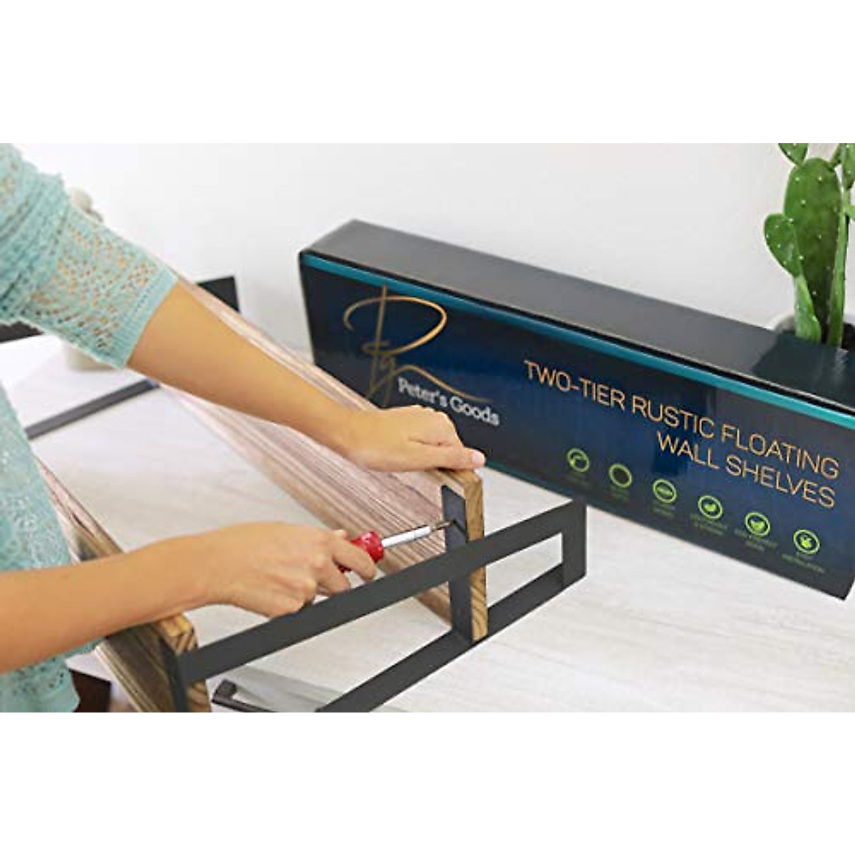 Peter's Goods 2-Tier Modern Rustic Floating Wall Shelves, Rustic Brown - Modern Farmhouse Wall Mounted Decor Book or Knick Knack Shelf for Laundry Room, Bathroom, Kitchen, Bedroom, Office and More