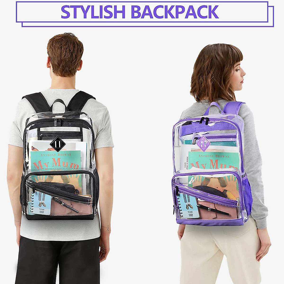 Kasqo Clear Backpack, 15.6 Inch Heavy Duty PVC Transparent Backpack See Through Backpacks for School, College, Sports, Work, Travel, Stadium Approved, White