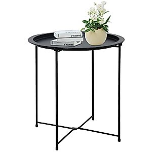 Garden 4 you Folding Tray Metal Side Table Black Round End Table Cyan Sofa Small Accent Fold-able Table, Round End Table Tray, Next to Sofa Table, Snack Table for Living Room and Bed Room