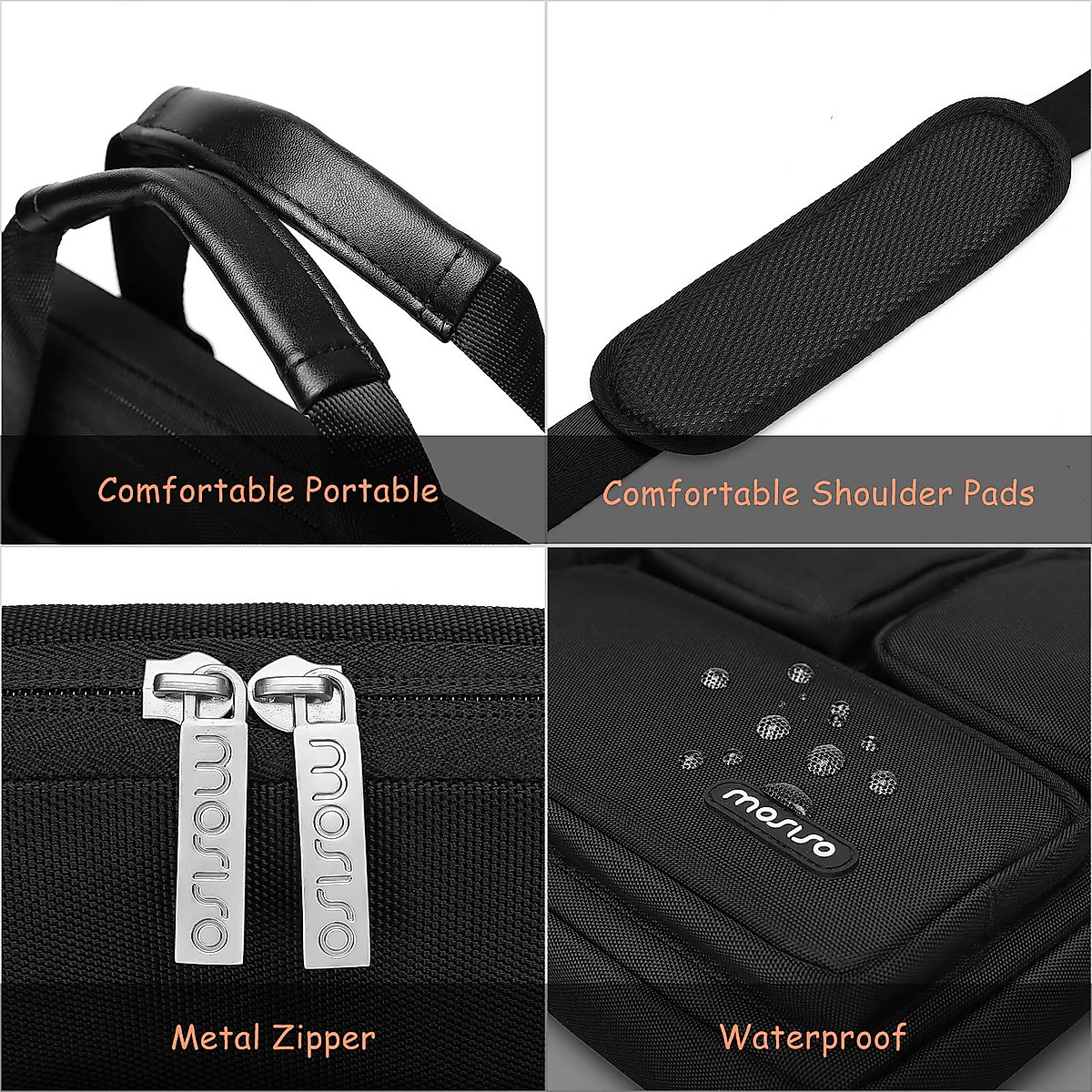 MOSISO Laptop Shoulder Messenger Bag Compatible with MacBook Air/Pro, 13-13.3 inch Notebook, Compatible with MacBook Pro 14 inch, Polyester Briefcase Sleeve with 4 Front Zipper Pockets & Belt,Black