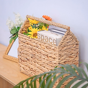 JJSQ Water Hyacinth Storage Basket for Magazine, Rattan Magazine Holder Floor Selfstand, Wicker Basket with Handle for files & Newspaper, Natural 15" x 5.5" x 12.4"