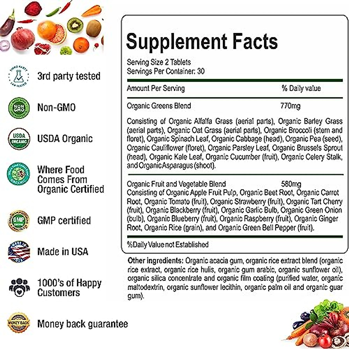 Organic Superfood Greens Fruits and Veggies Complex - Best Dietary Supplement with 14 Greens &14 Fruits & Vegetables with Alfalfa Rich in Antioxidants Organic Ingredients Non-GMO (120 Count Pack of 2)