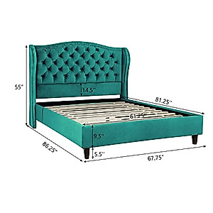 QHITTY Queen Size Bed Frame, Modern Velvet Button Tufted Upholstered Platform Bed with Nailhead Trim Headboard, Wood Slat Support, Easy Assembly, No Box Spring Needed