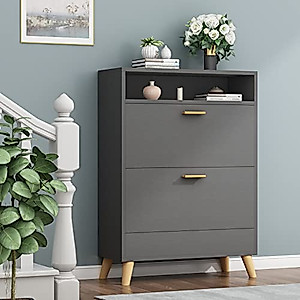 Gyfimoie Shoe Storage Cabinets, Free Standing Shoe Organizer with 2 Flip Drawers for Entryway, Narrow 3 Tier Entryway Hidden Shoe Rack with Doors (Grey)