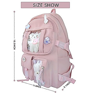 Stylifeo Kawaii Backpack with Cute Cow Plush Kawaii Pin Accessories Large Capacity Aesthetic School Bags Cute Bookbag for Girls Teen Pink