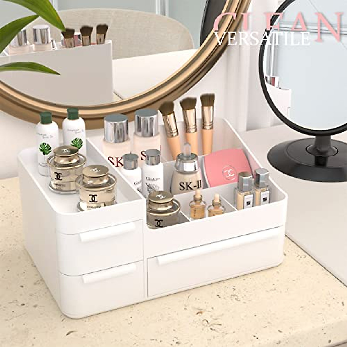 Makeup Organizer with Drawers, Countertop Organizer for Vanity, Bathroom and Bedroom Desk Cosmetics Display Case for Brushes, Lotions, Perfumes, Eyeshadow, Lipstick and Nail Polish, White